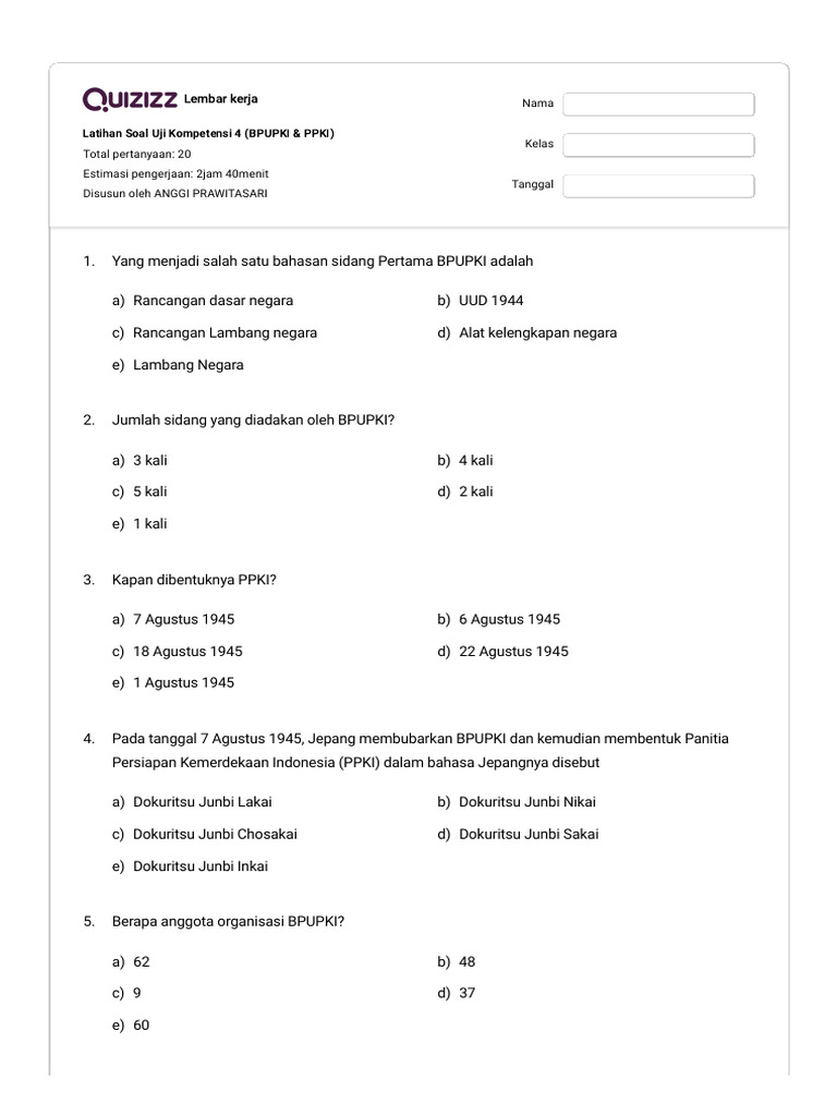 Latihan Soal Uji Kompetensi 4 (BPUPKI & PPKI) - Quizizz | PDF