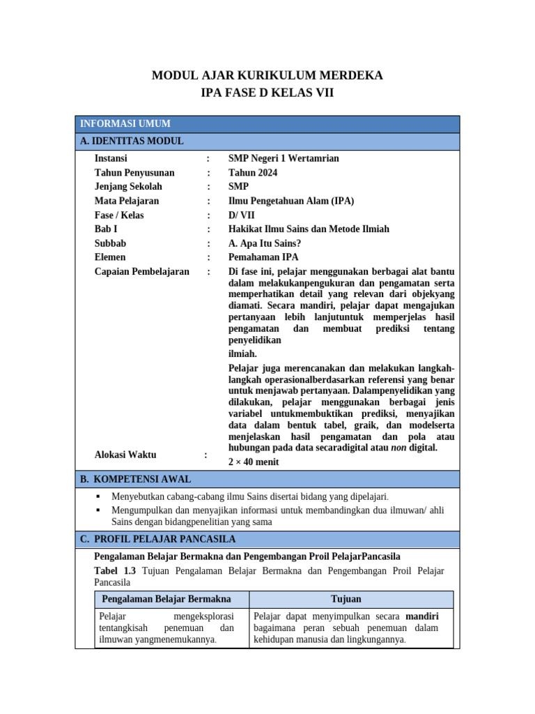 Modul Ajar Kurikulum Merdeka (Bab 1 Sub 1) | PDF