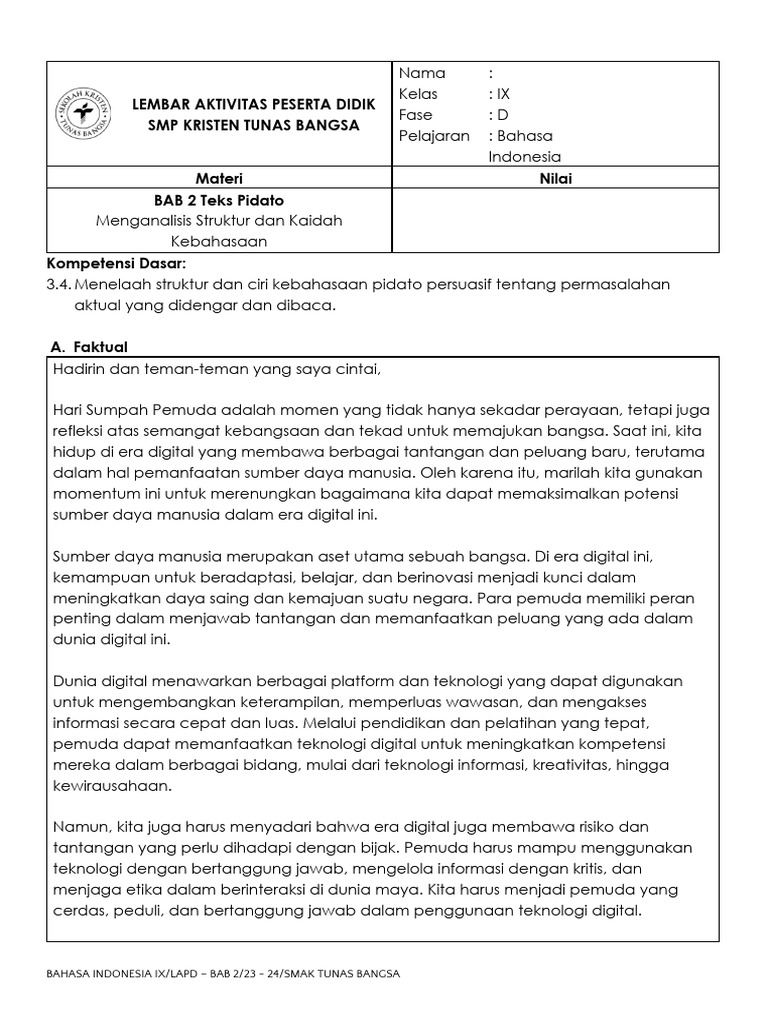 Formatif 2 TM 15 LAPD Menganalisis Struktur Dan Kaidah Kebahasaan Teks Pidato | PDF