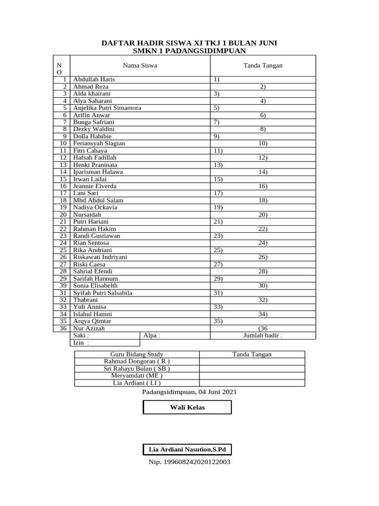Daftar Hadir Siswa Xi TKJ 1 Bulan Juni | PDF