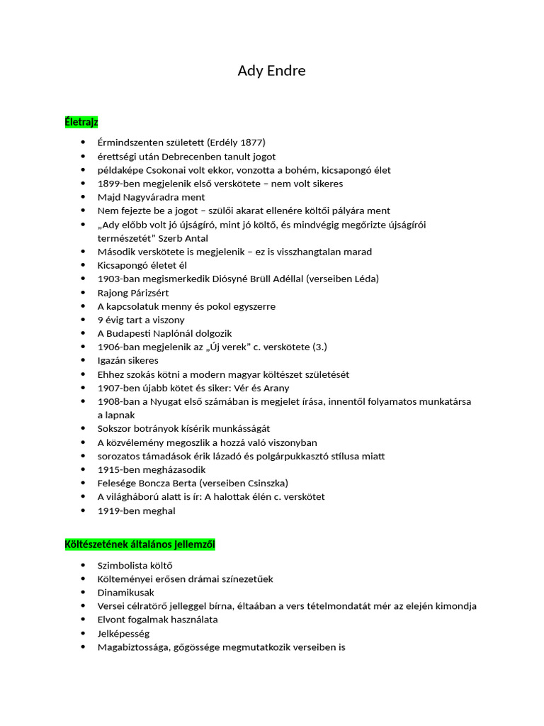 1.tétel Ady szerelmi költészete | PDF