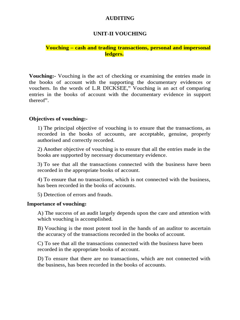 Auditing - Unit 2 - Vouching | PDF | Audit | Finance & Money Management