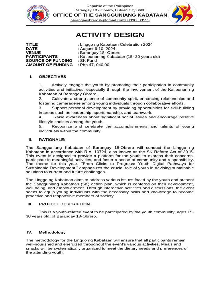 LINGGO NG KABATAAN ACTIVITY DESIGN 2024 Meals and Snacks | PDF