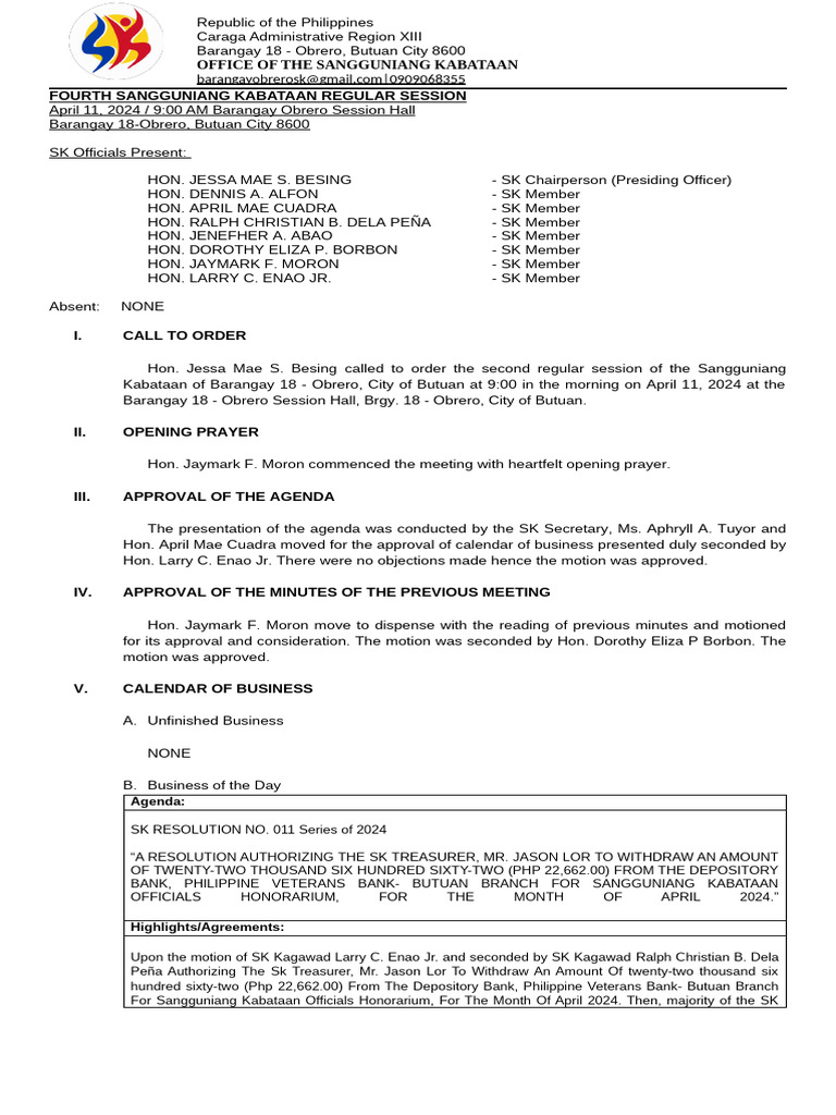 Fourth Sangguniang Kabataan Regular Session | PDF