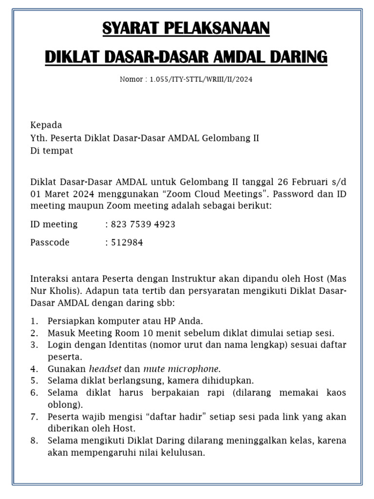 SYARAT PELAKSANAAN DIKLAT DASAR AMDAL ONLINE Gelombang 2 | PDF