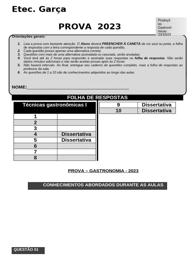PROVA ETEC - Turma A | PDF