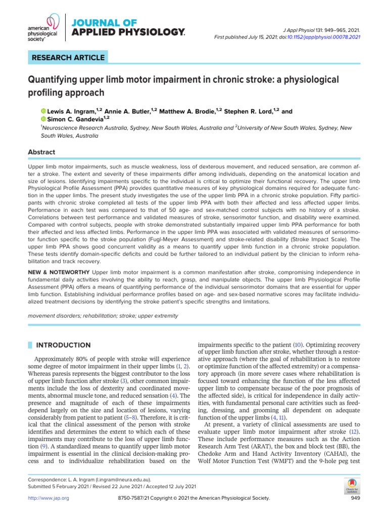 Ingram Et Al 2021 Quantifying Upper Limb Motor Impairment in Chronic ...