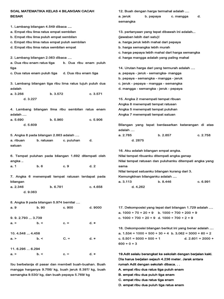 Soal Matematika Kelas 4 Bilangan Cacah Besar | PDF