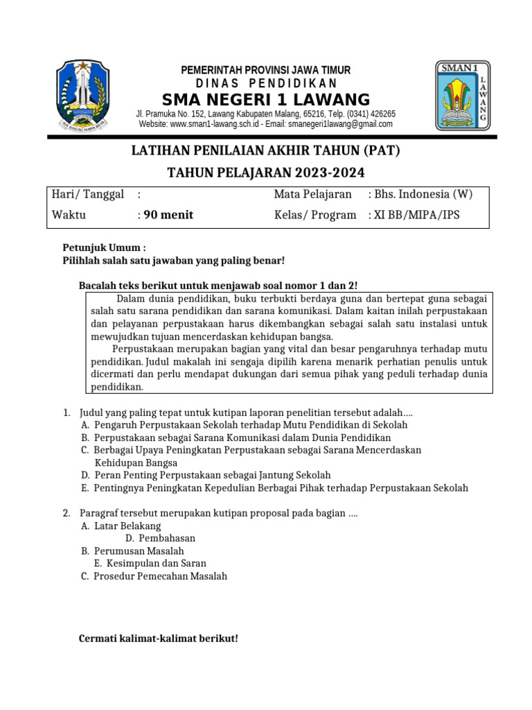 Latihan Soal PAT XI | PDF
