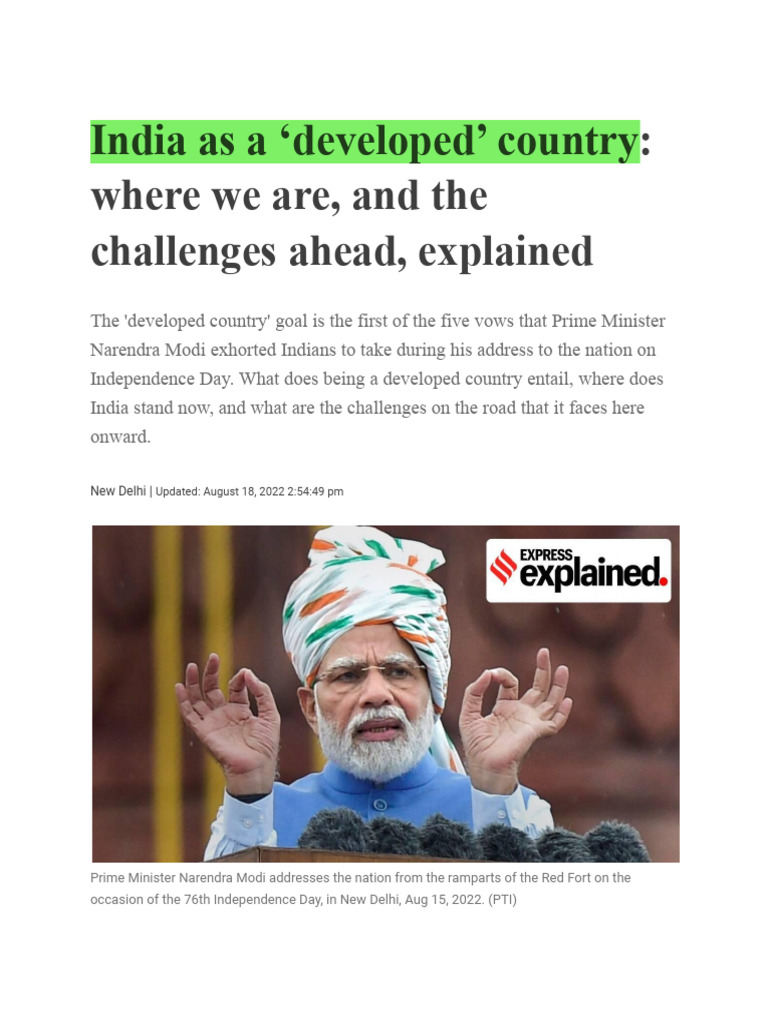 India As A Developed' Country Where We Are, and The Challenges | PDF