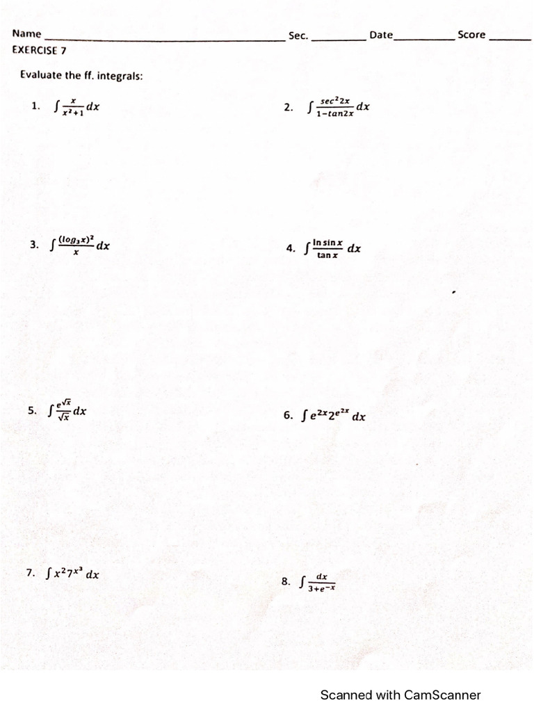 5.1 Integration That Yields Natural Logarithm Worksheet | PDF