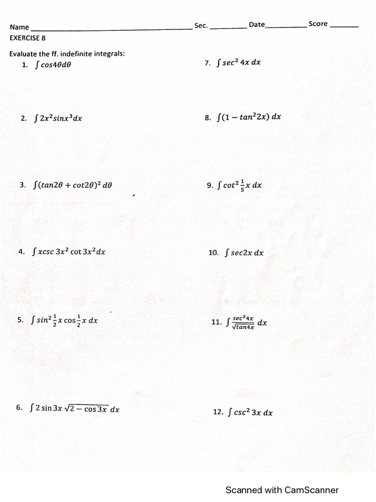 5.3 Integration of Trigonometric Functions Worksheet | PDF