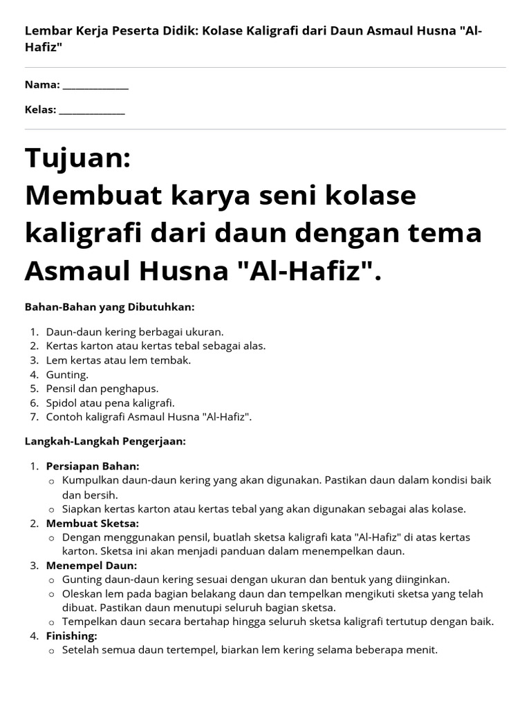 Lembar Kerja Peserta Didik Kolase Kaligrafi dari Daun Asmaul Husna Al-Hafiz | PDF