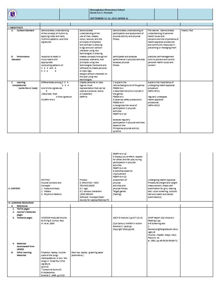 DLL - Mapeh 6 - Q1 - W4 | PDF