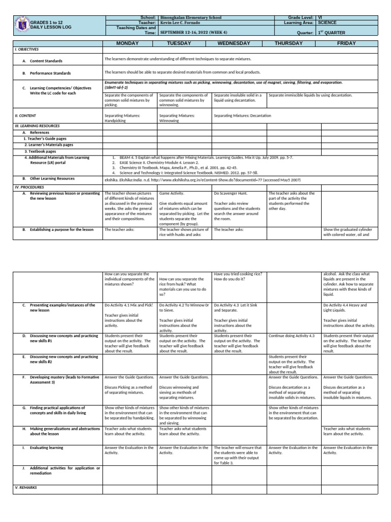 DLL - Science 6 - Q1 - W4 | PDF