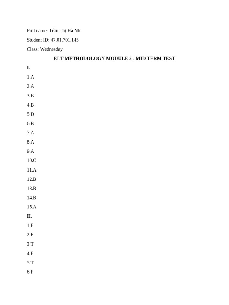 Elt Methodology Module 2 - Mid Term Test I.: Full name: Trần Thị Hà Nhi ...