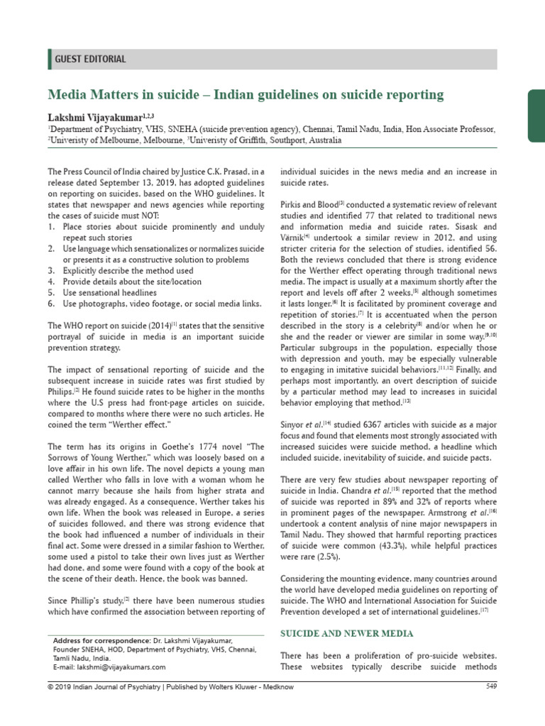 Media Guidelines for Suicide Reporting | PDF | Suicide | Mental Health