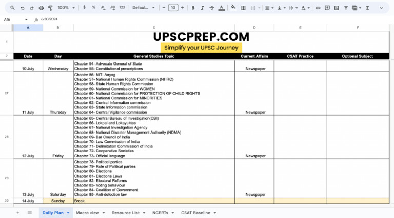 1 Year Plan For UPSC CSE 2025 - UPSCprep - Com - Google Sheets | PDF