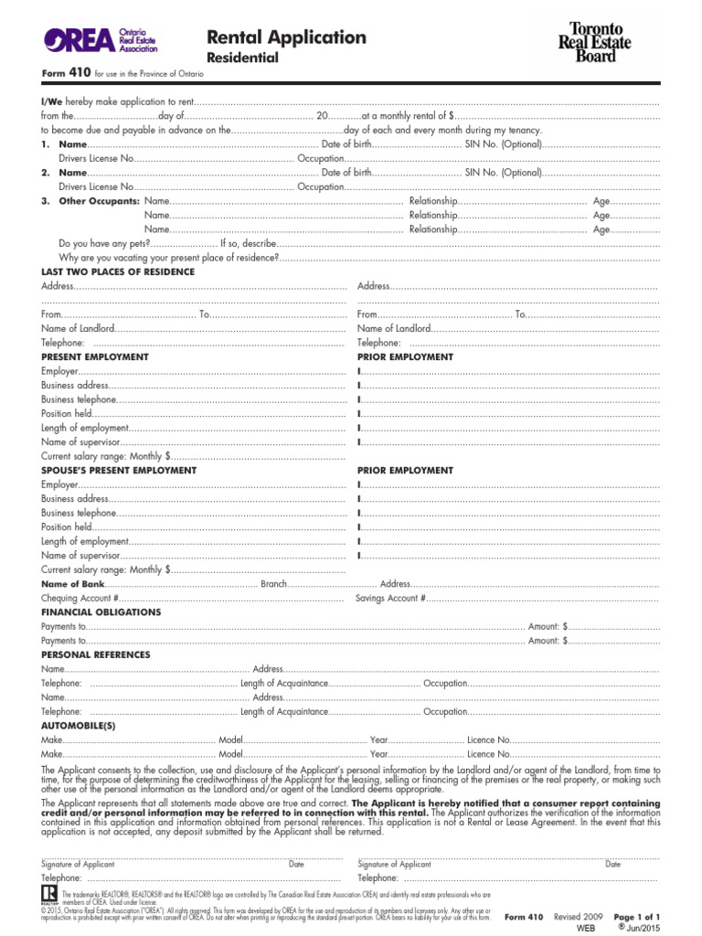 Template OREAReantalApplicationResidentialForm410 | PDF | Landlord ...