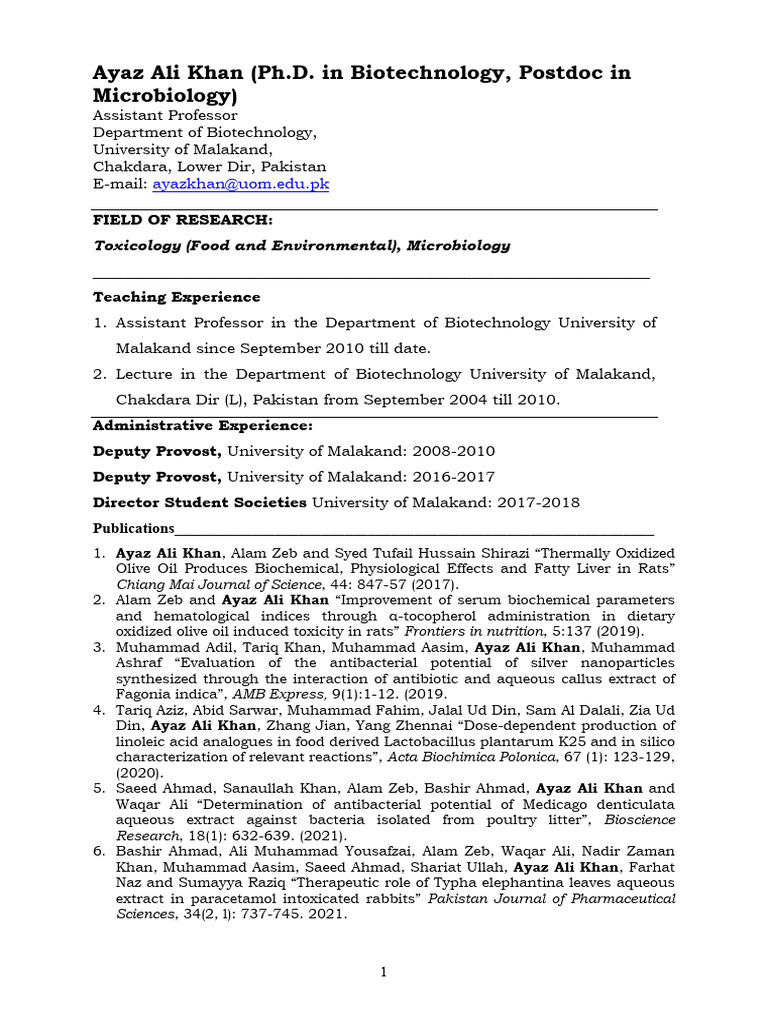 Ayaz Ali Khan: Biotech Research & Publications | PDF | Biology | Wellness