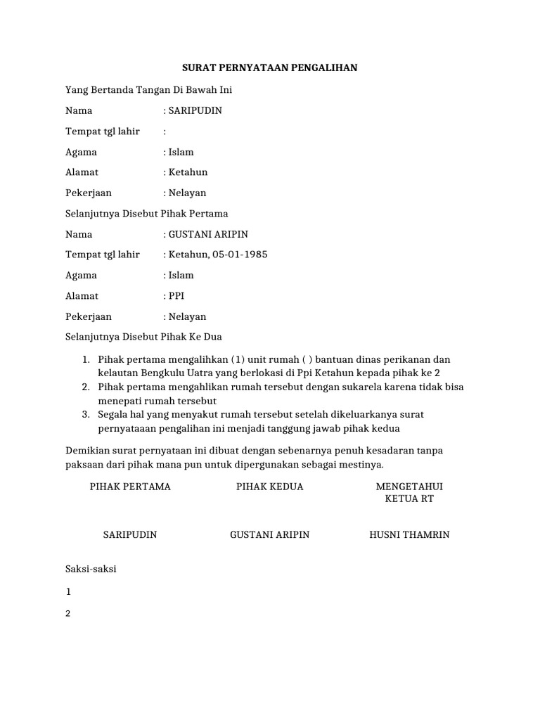 Surat Pernyataan Pengalihan | PDF