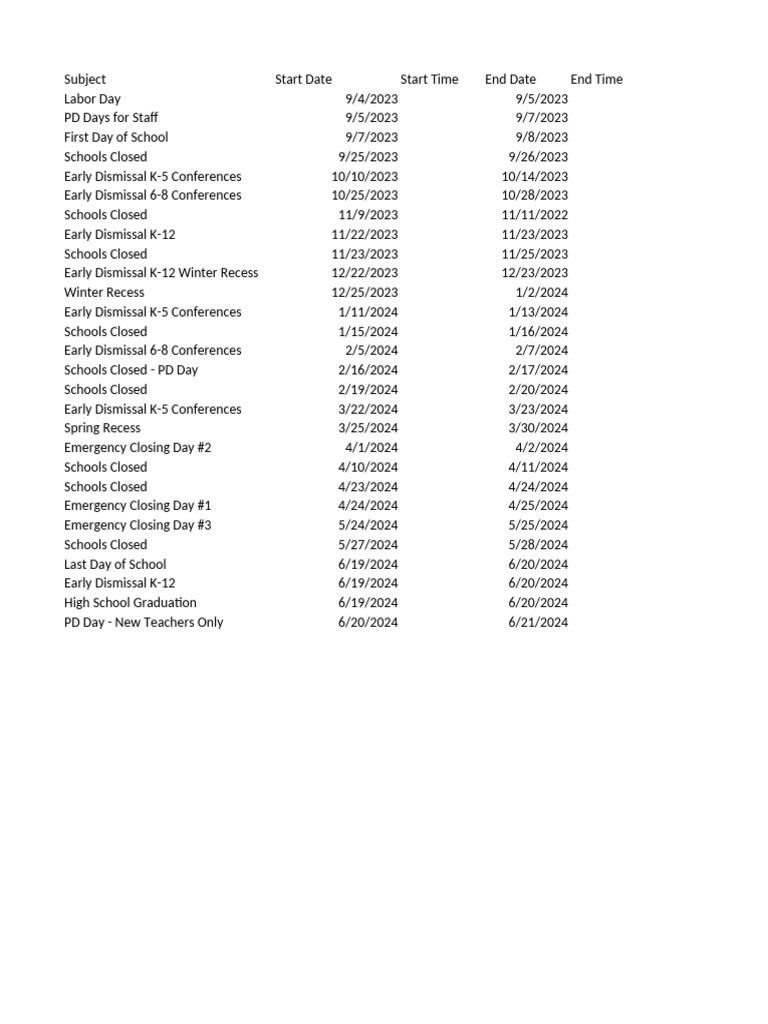 2023-24 Calendar (Board Revised 03-28-2023) (Excel Spreadsheet) | PDF