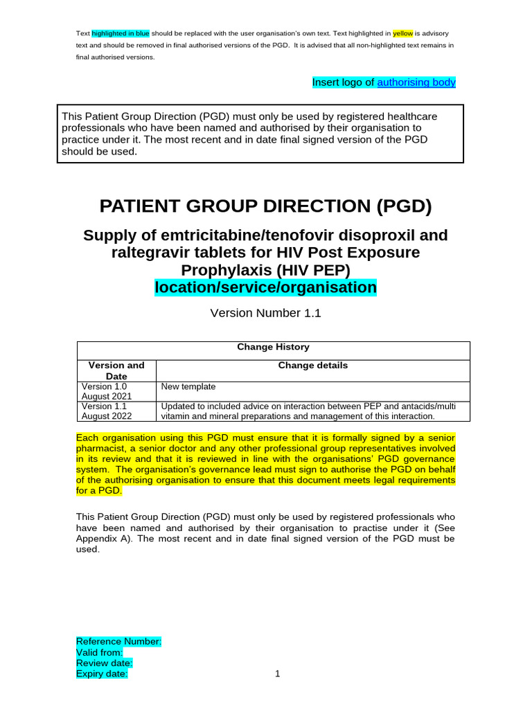 Post Exposure Prophylaxis PEP National PGD Template V1.1 FINAL August ...