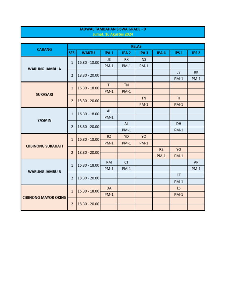 Jadwal Tambahan Siswa Grade-D | PDF