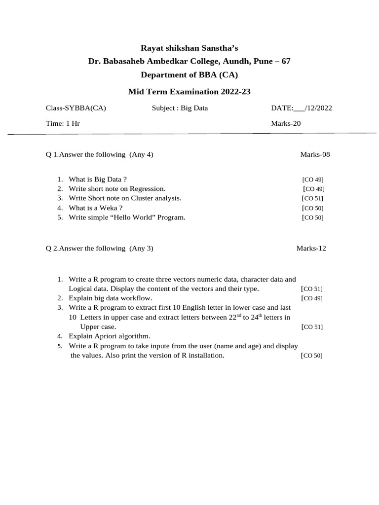 Big Data Question Paper Internal | PDF | Computers