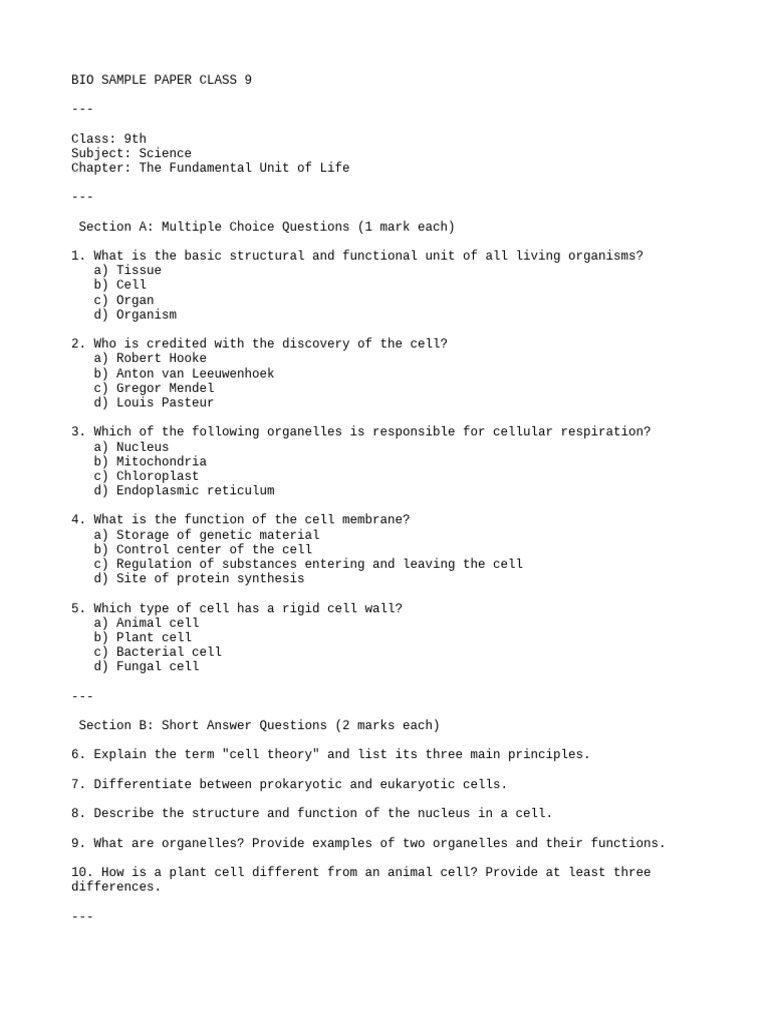 Bio Sample Paper Class 9 | PDF