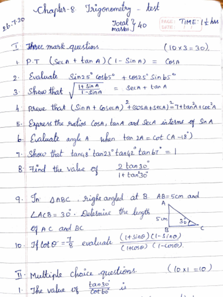 Trigonometry Test Question Paper | PDF