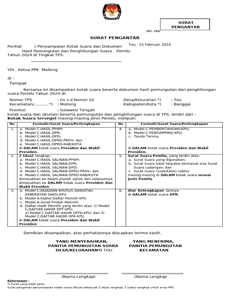 1 Surat Pengantar Penyampaian Berita Acara (PPS Ke PPK) | PDF