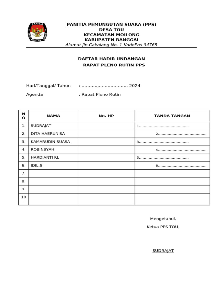 Daftar Hadir RAPAT PLENO PPS 2024 | PDF