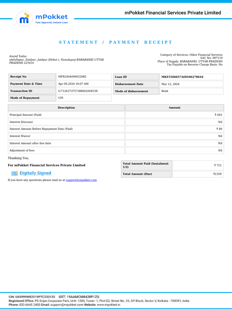 Installment Receipt MKE5506657AID106278644 1 | PDF | Interest | Receipt