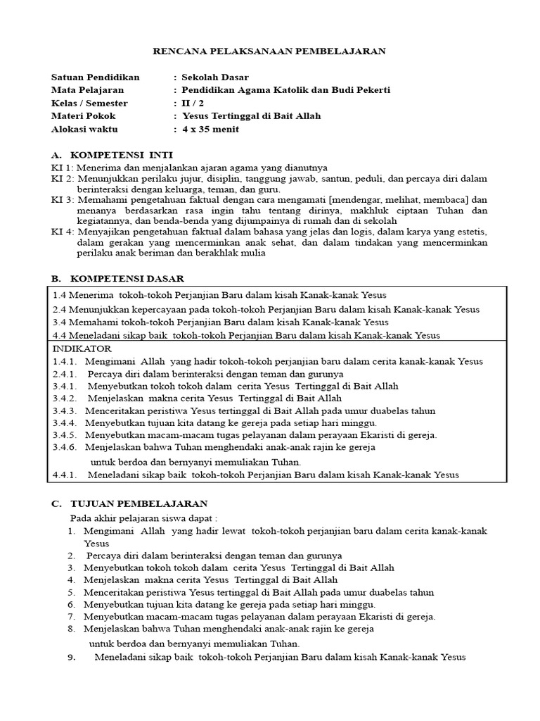 RPP PPG Kelas 2 SMTR 2 THN 2019 | PDF