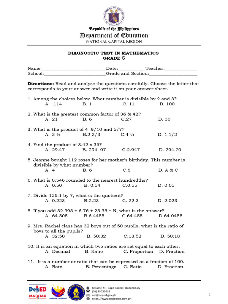 Diagnostic Test in Mathematics G5 RTP | PDF | Ratio | Area