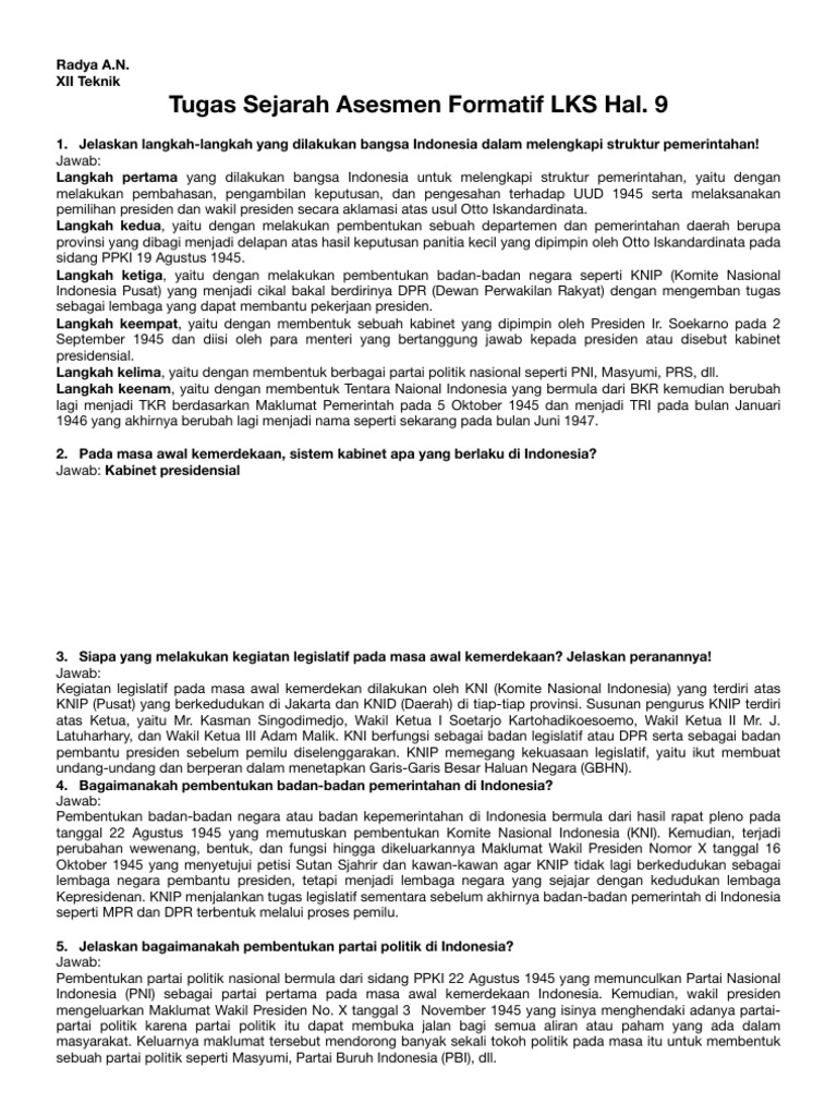 Tugas Sejarah Asesmen Formatif LKS Hal. 9 | PDF