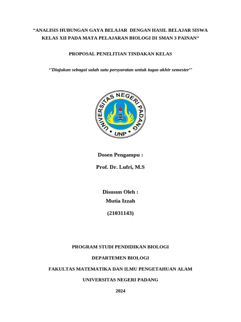 Mutia Izzah - 21031143 - Laporan 2 Kemajuan Proposal Penelitian Tindakan Kelas | PDF