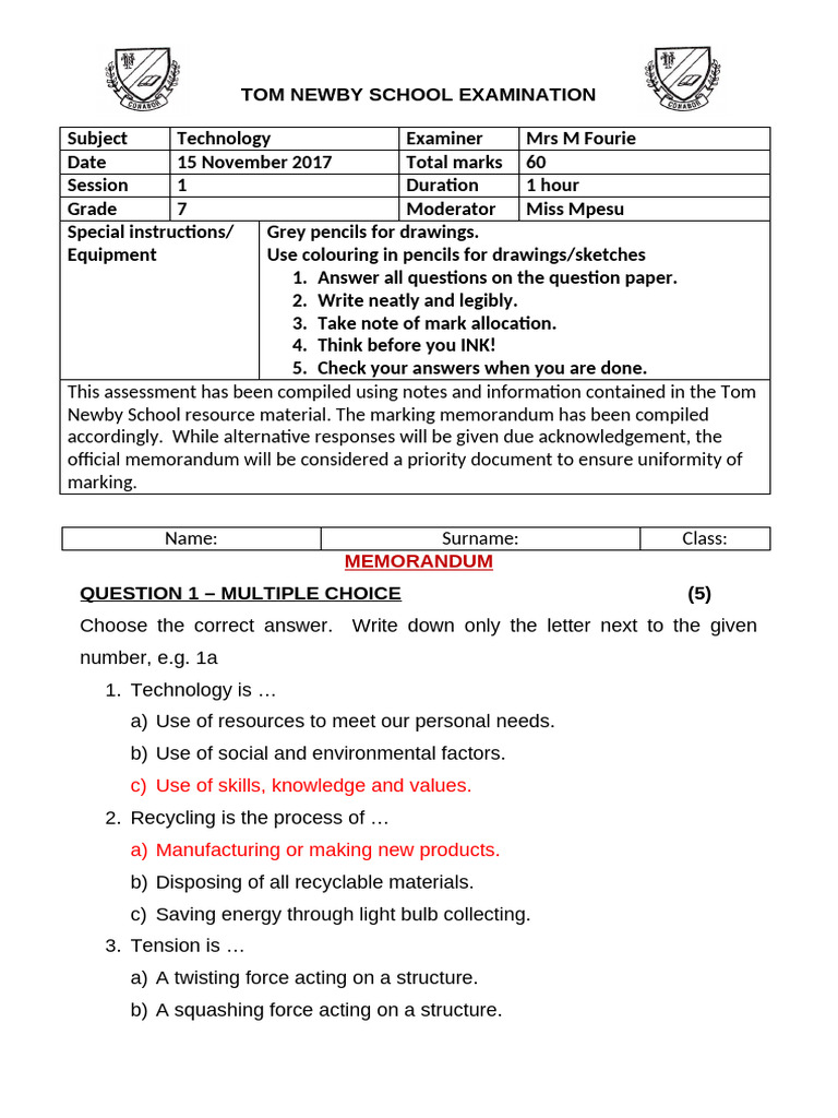 Grade 7 Technology Exam November 2017 M Fourie Memorandum | PDF