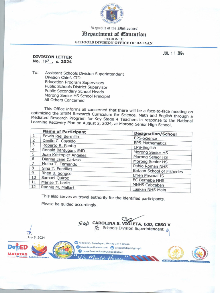 Division Letter No. 110, S. 2024 | PDF