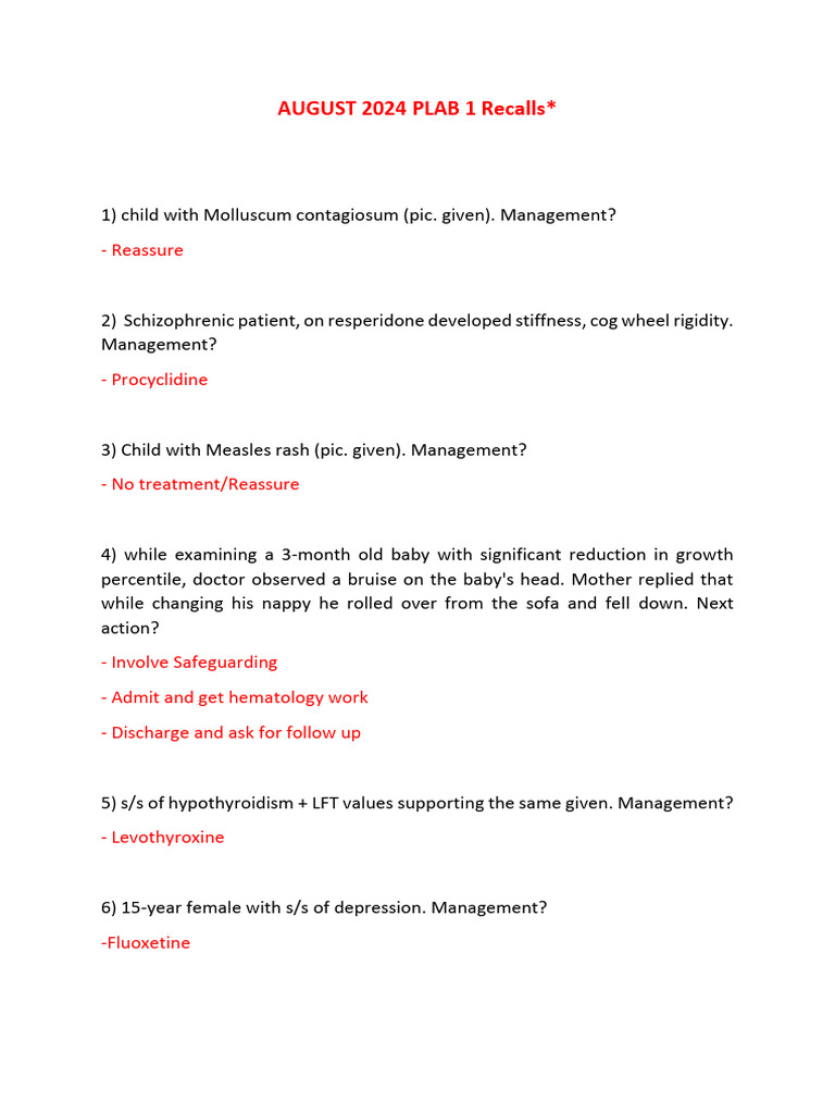 PLAB 1 August 2024 Recall Summary | PDF | Elbow | Schizophrenia