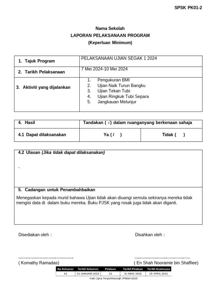 Borang SPSK PK01-2-Laporan Perlaksanaan Program | PDF
