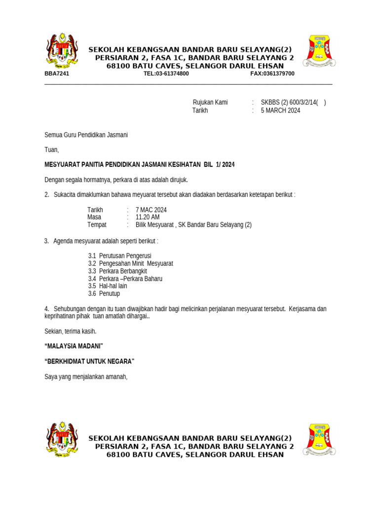 Surat Panggilan Mesyuarat Bil 1 - 2023 | PDF