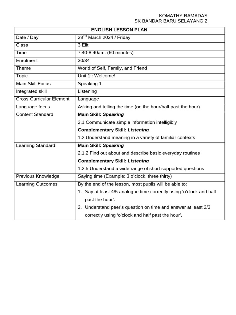 English Lesson Plan Week 2 Komathy Ramadas | PDF