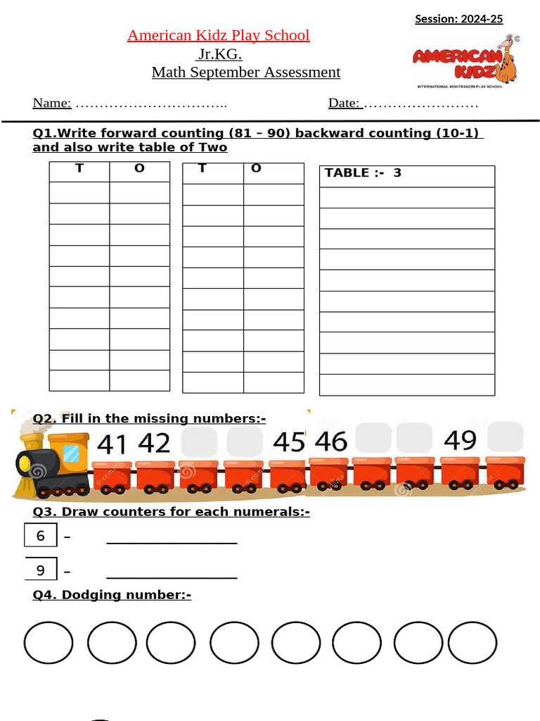 Jr KG Maths September Assessment | PDF