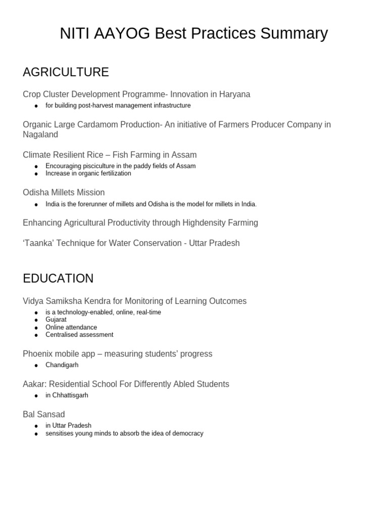 NITI AAYOG Best Practices Summary | PDF