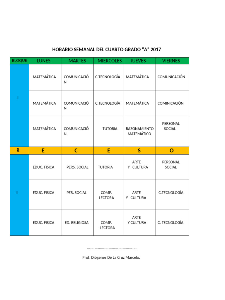 HORARIO SEMANAL DEL CUARTO GRADO | PDF
