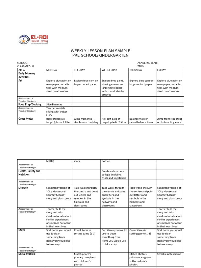 Weekly Lesson Plan Kindergarten - Sample | PDF
