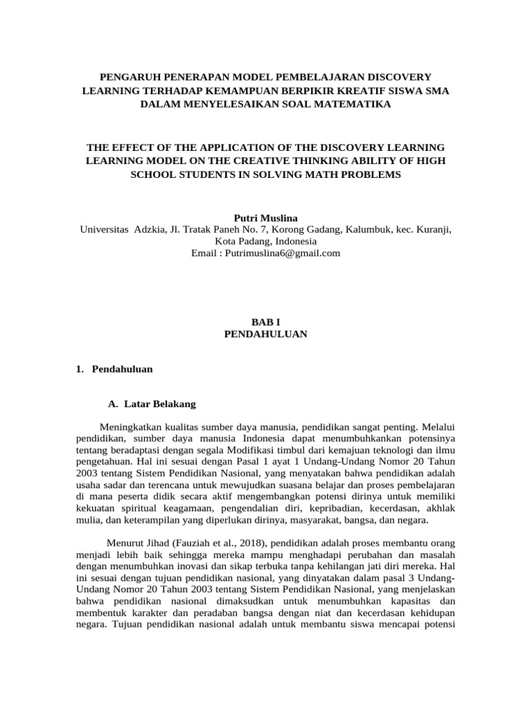 Pengaruh Penerapan Model Pembelajaran Discovery Learning Terhadap Kemampuan Berpikir Kreatif ...