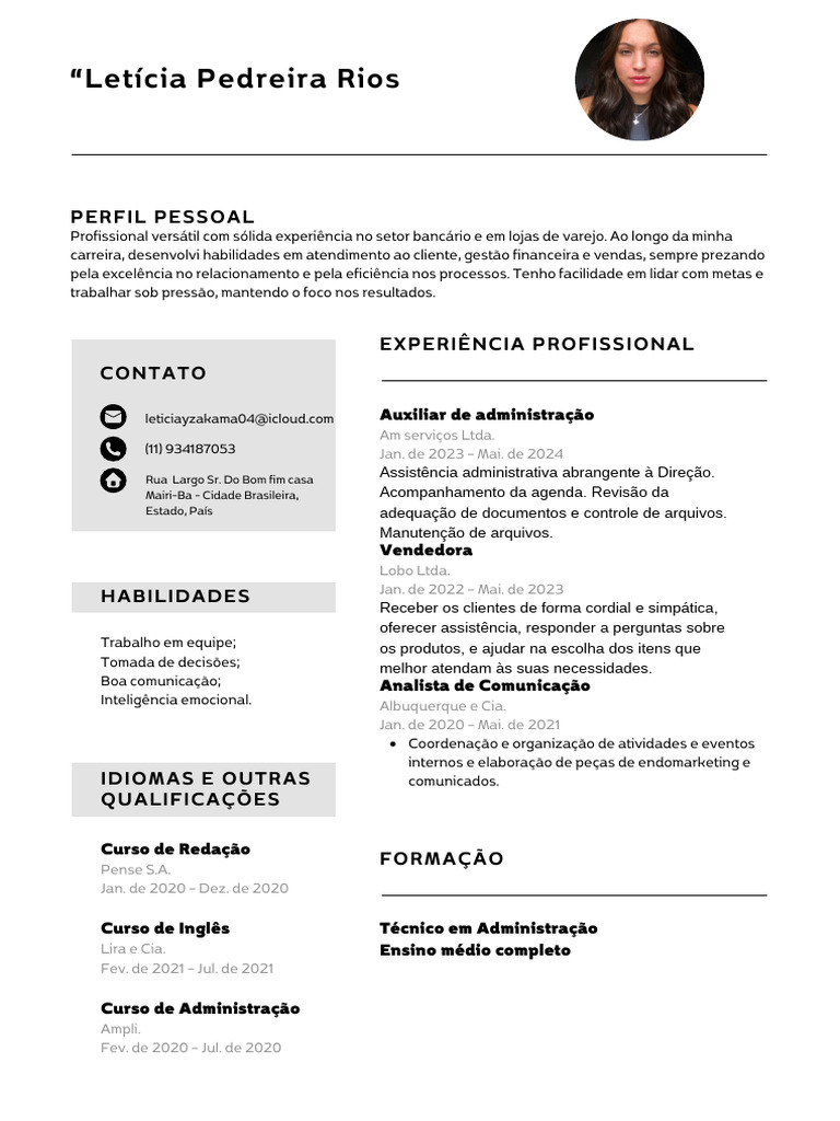 Currículo de Letícia Rios: Administração e Comunicação | PDF | Carreira ...